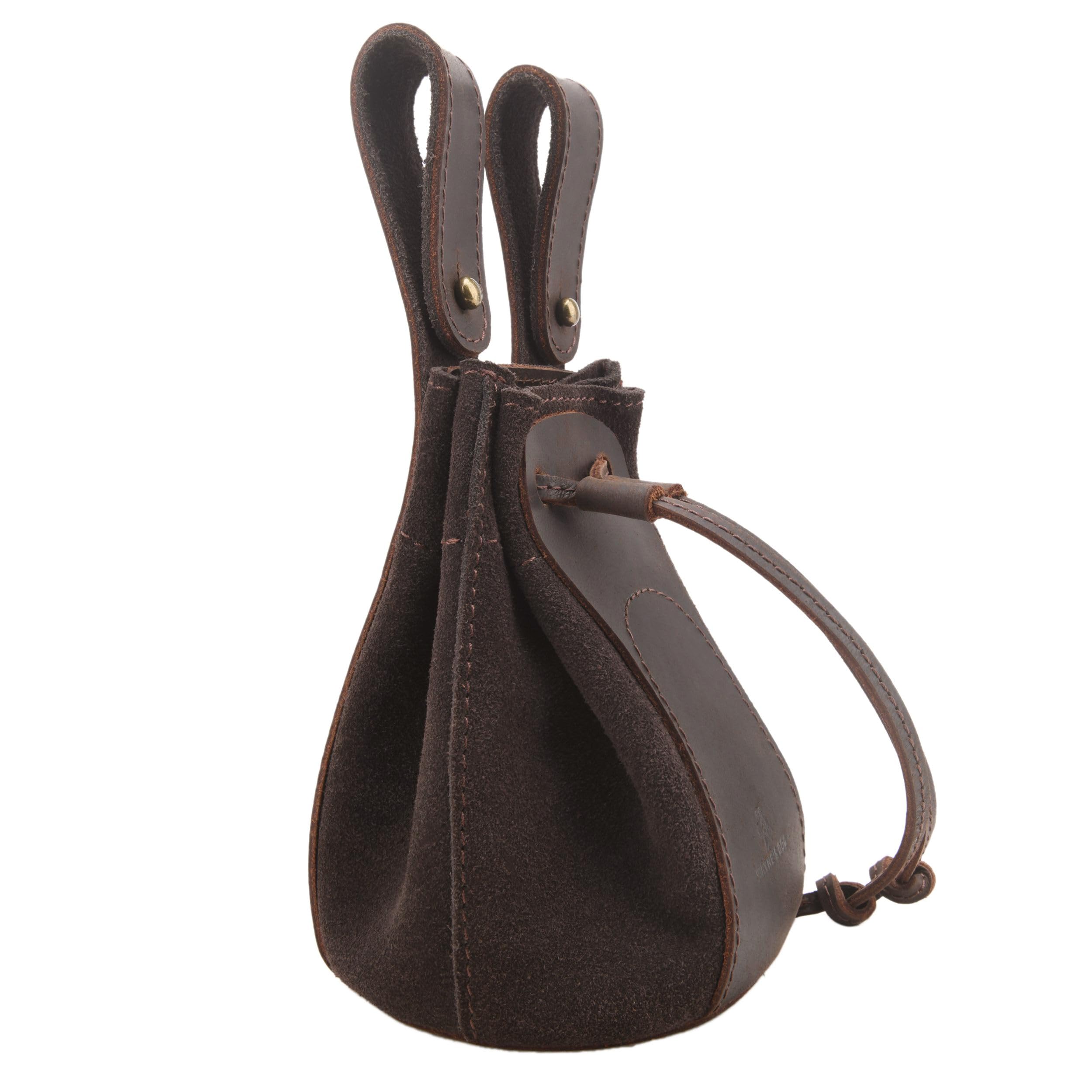 Cowhide Leather Ammo Gun Shell Pouch Bag, Drawstring Bag Cartridge Storage Case Attached Belt Waist (Small - 4.5")