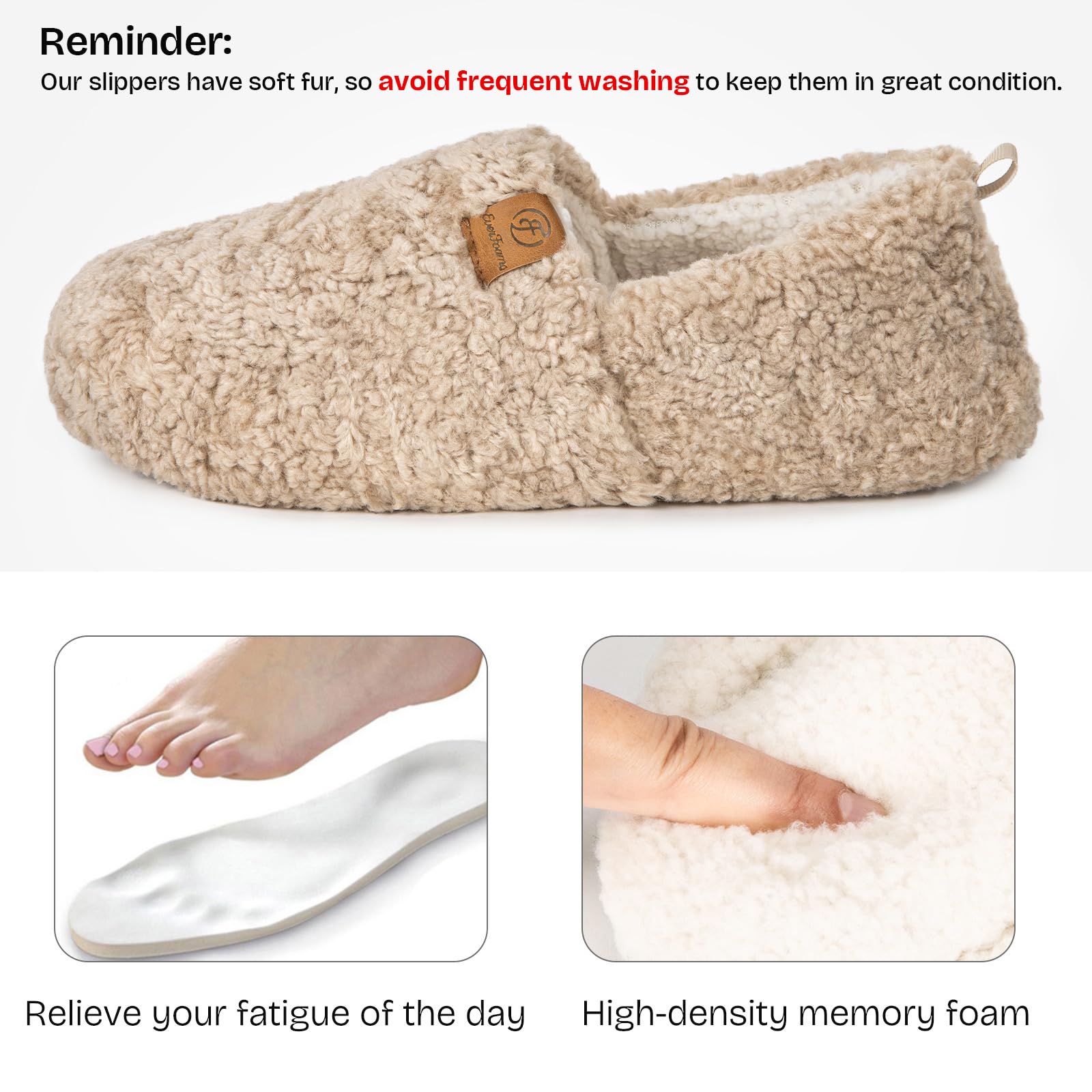 EverFoams Women’s Soft Curly Full Slippers Memory Foam Lightweight House Shoes Cozy Loafer with Polar Fleece Lining Khaki,7-8 US