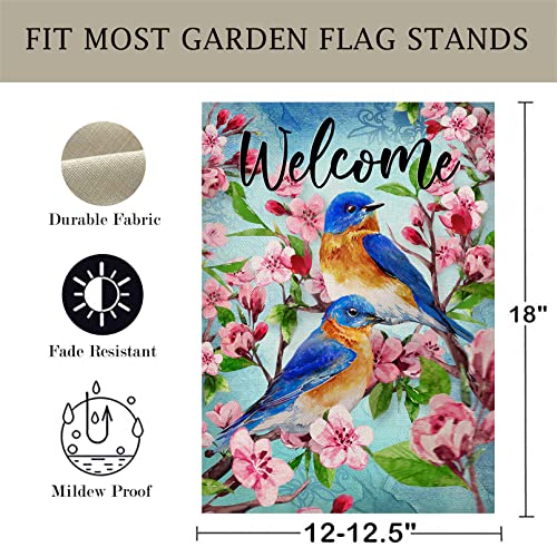 Artofy Welcome Spring Bluebird Home Decorative Birds Garden Flag, Yard Outside Decor, Summer Flowers Outdoor Small Burlap Decoration Double Sided 12 x 18