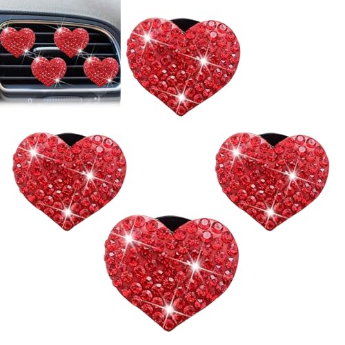 cueclue 4 PCS Bling Car Air Conditioner Outlet Clip, 1.07" x 1.07" Heart-Shaped with Rhinestones Vent Clip, Car Decoration Accessories, Products Compatible with Most Car Models (Red)