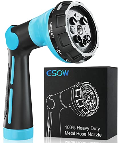 ESOW Garden Hose Nozzle 100% Heavy Duty Metal, Water Hose Sprayer with 8 Watering Patterns, Thumb Control On Off Valve, High Pressure Nozzle Sprayer for Watering Plants, Car and Pet Washing, Blue