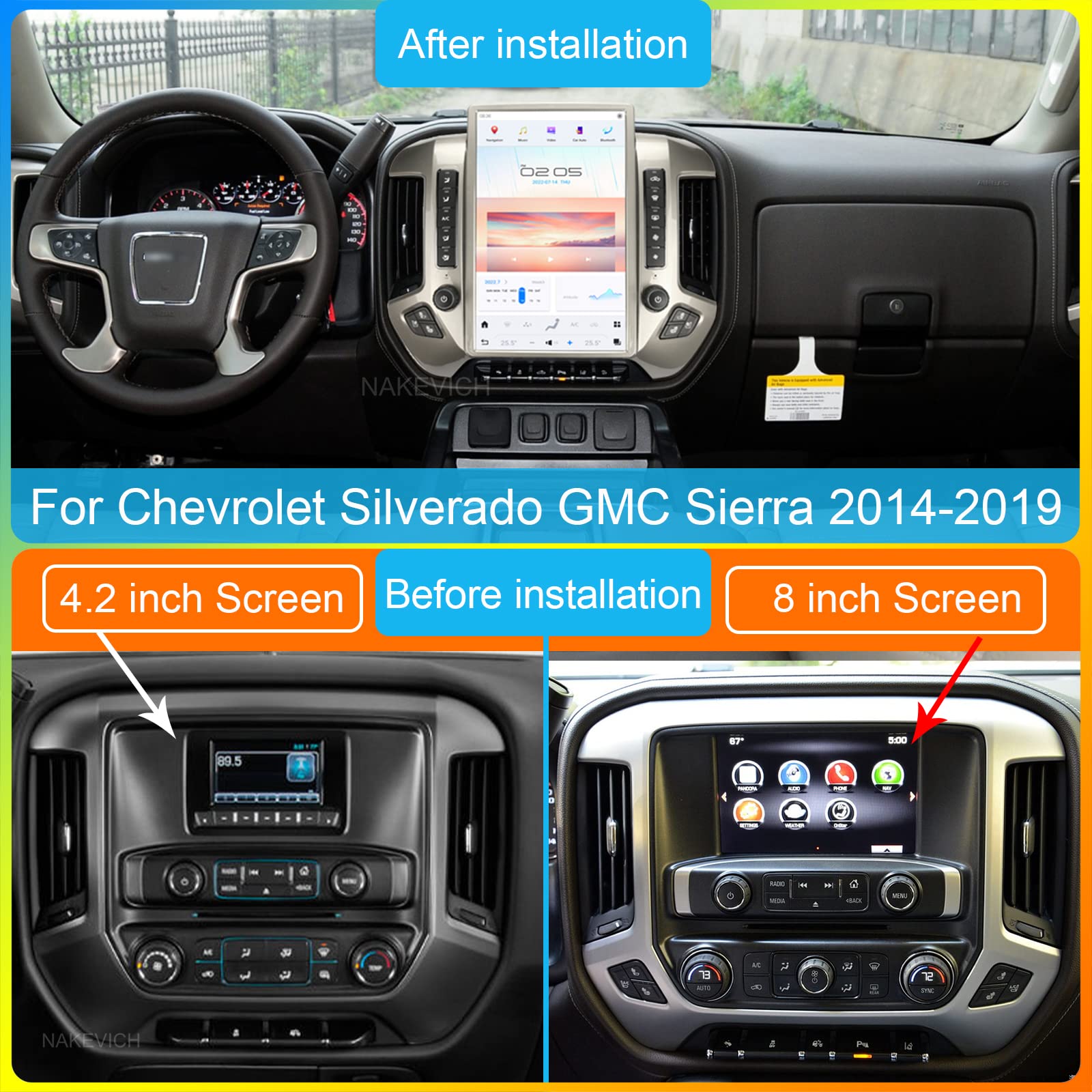 NAKEVICH 14.4 Inch Qualcomm Android 11 Car Radio for Chevrolet Silverado GMC Sierra 2014-2019 Stereo Upgrade Tesla Style Dash 2K IPS Touch Screen Android Auto GPS Navigation Multimedia Play