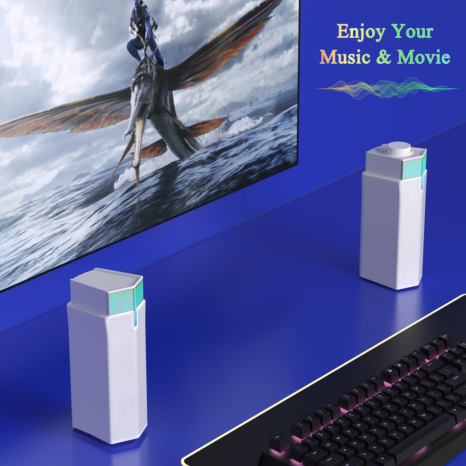 Jeecoo M20 Bluetooth Computer Speakers for PC Desktop Monitor, Gaming PC Sound Bar - Wired USB-Powered, Superb Stereo Sound, with LED Lighting, White
