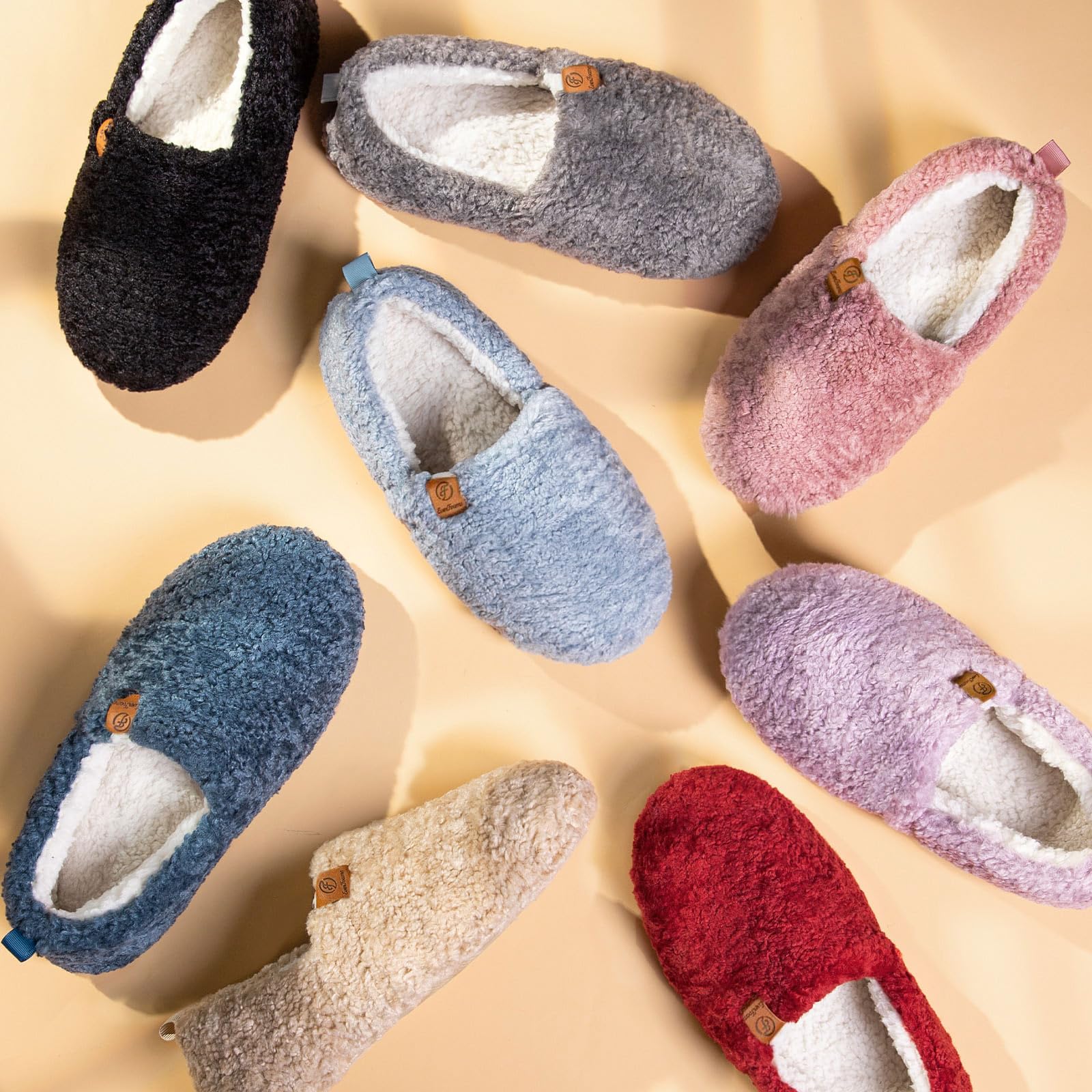 EverFoams Women’s Soft Curly Full Slippers Memory Foam Lightweight House Shoes Cozy Loafer with Polar Fleece Lining Khaki,7-8 US