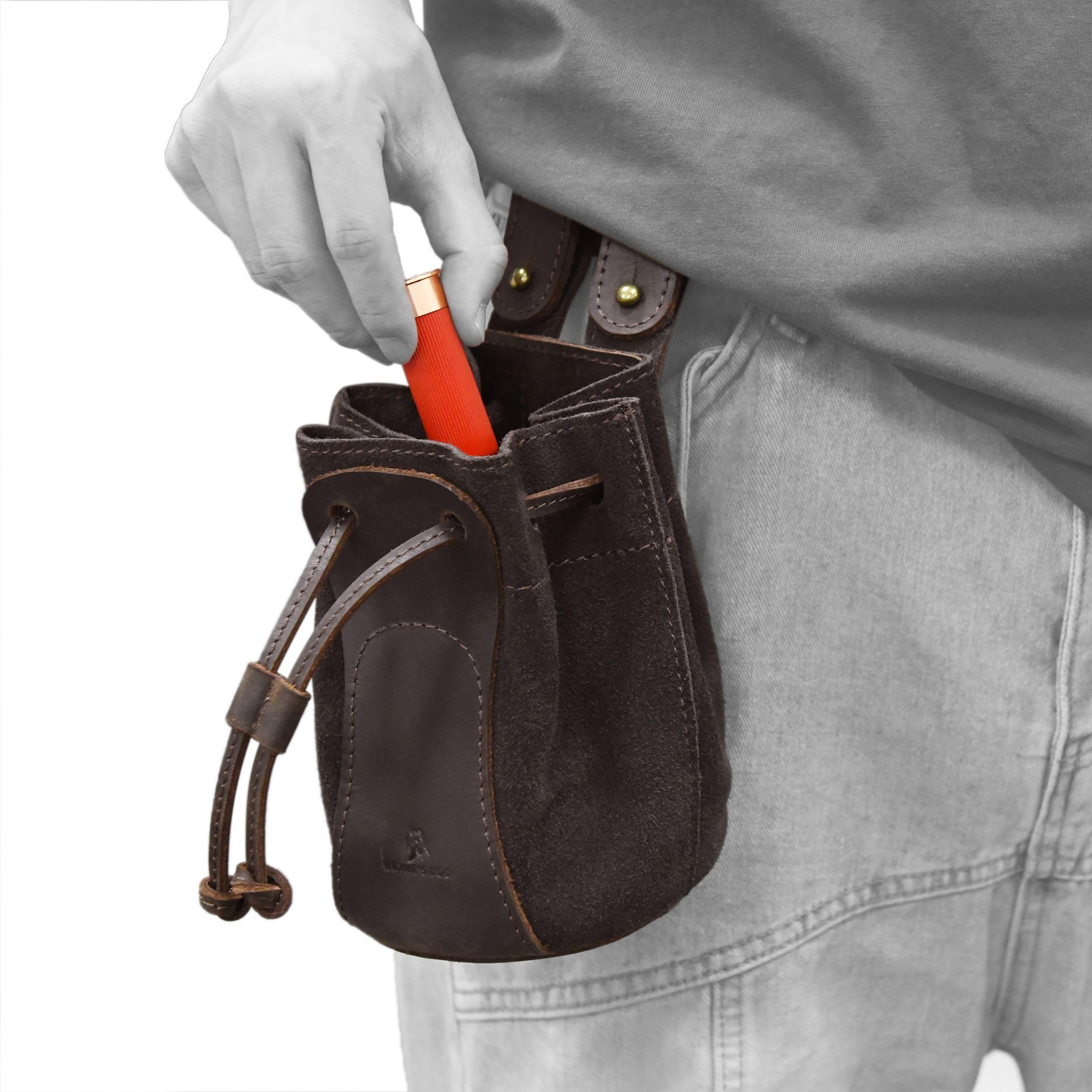 Cowhide Leather Ammo Gun Shell Pouch Bag, Drawstring Bag Cartridge Storage Case Attached Belt Waist (Small - 4.5")