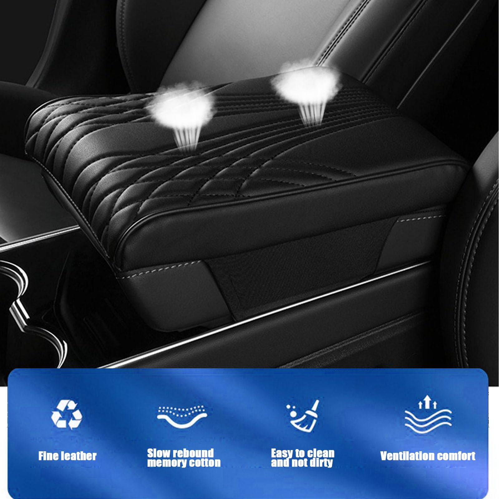 Hawyet 1 PC Car Memory Foam Center Console Armrest Pad, 12.59" x 8.66" x 1.96" Corrugated Leather Armrest Box Booster Pad, Universal for All Seasons, Suitable for Most Models (Black)