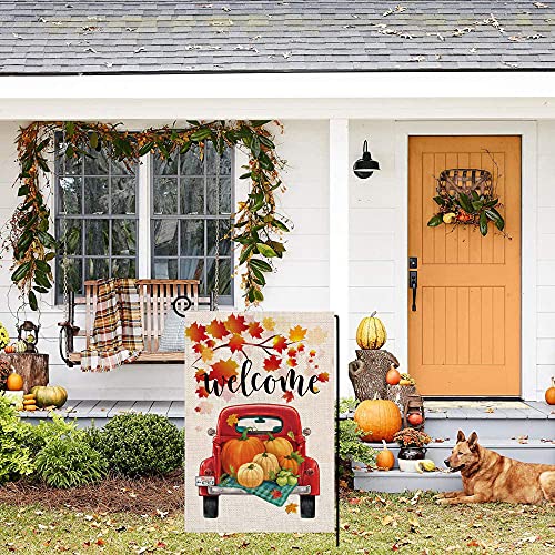 Thanksgiving Fall Welcome Garden Flags for Outside,Truck with Pumpkins Maple Leaves,Harvest Decorative Farmhouse Flag for Patch,12.5 x 18 Inch Double Sided,Small Thanksgiving Yard Flags for Autumn Outdoor Decor