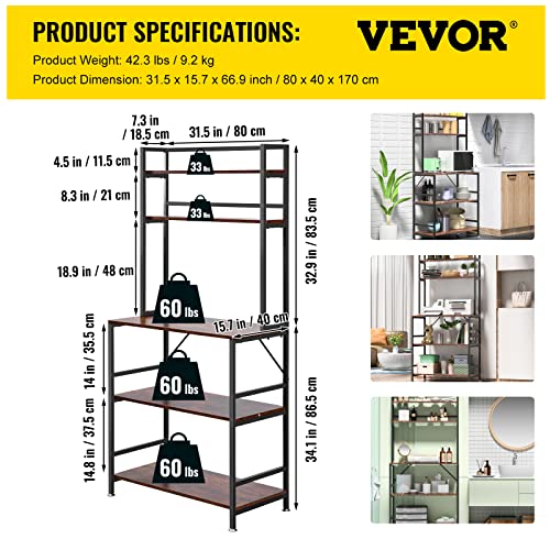 VEVOR Kitchen Baker's Rack, 5-Tier Microwave Stand with 6 Hooks Utility Storage Shelf, Industrial Bakers Racks for Kitchens with Storage, Standing Kitchen Rack for Home Bar, Coffee Bar, Dining Room