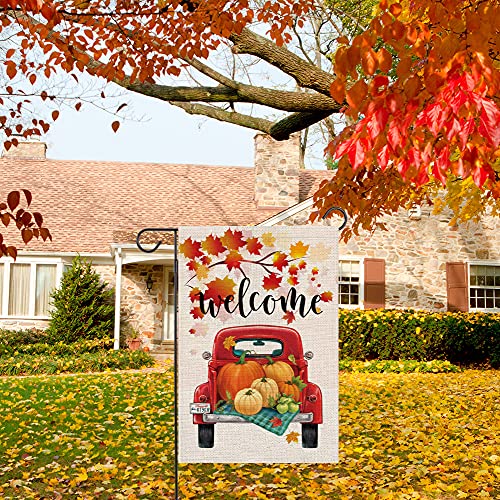 Thanksgiving Fall Welcome Garden Flags for Outside,Truck with Pumpkins Maple Leaves,Harvest Decorative Farmhouse Flag for Patch,12.5 x 18 Inch Double Sided,Small Thanksgiving Yard Flags for Autumn Outdoor Decor