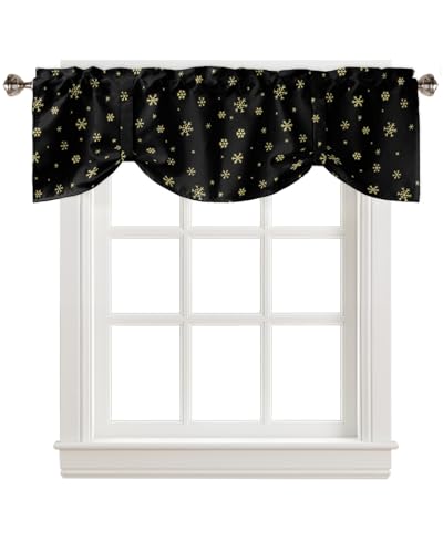 Tie Up Valance Curtains for Window, Gold Snowflakes Curtain Valance Adjustable Balloon Shade Window Valance for Living Room Bedroom Short Curtain Seasonal Winter Christmas Black Backdrop 42"x12"