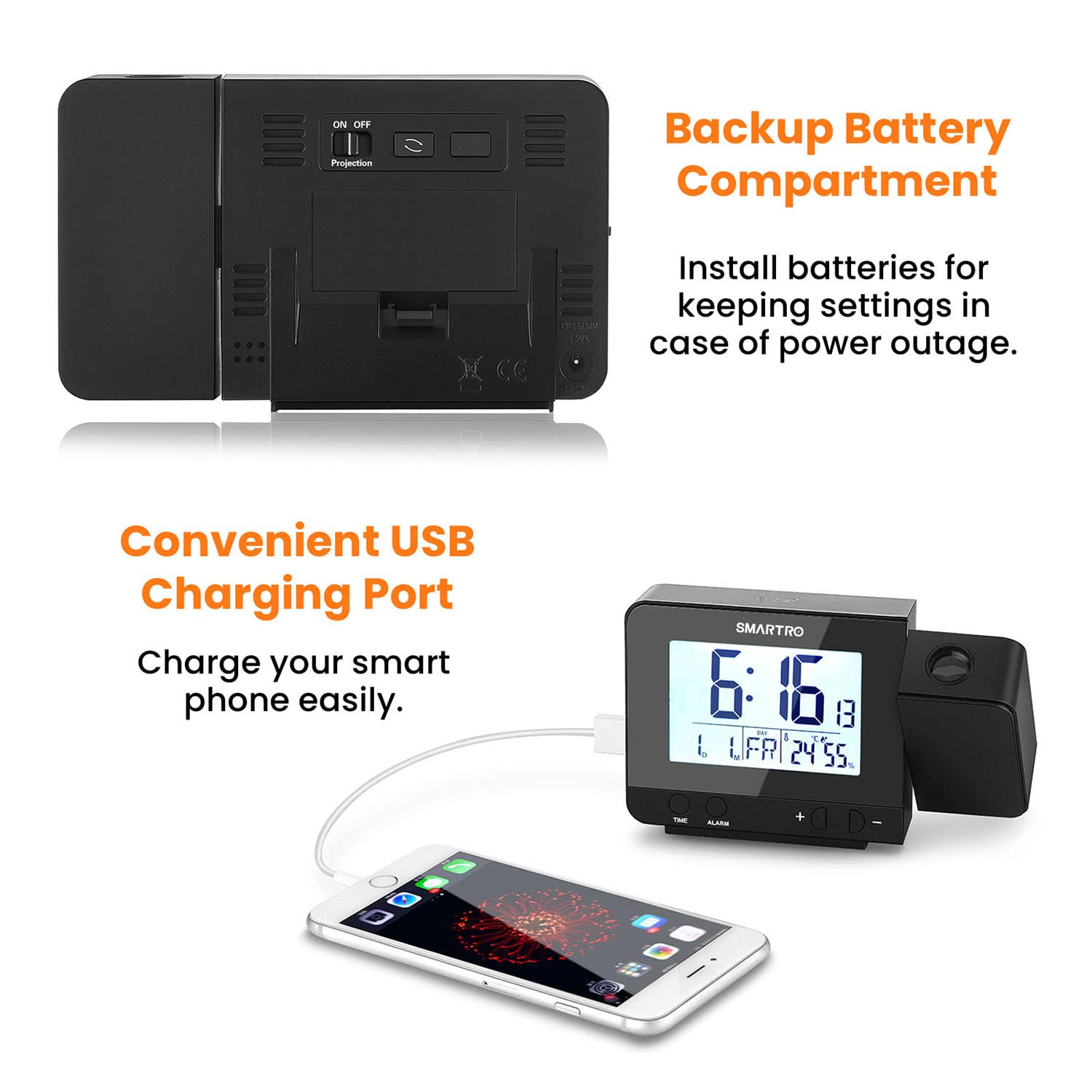 SMARTRO Digital Projection Alarm Clock for Bedrooms with Indoor Thermometer Hygrometer, USB Charger, Bedside Projector, Travel, AC and Battery Operated