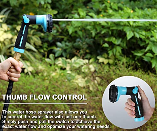 ESOW Garden Hose Nozzle 100% Heavy Duty Metal, Water Hose Sprayer with 8 Watering Patterns, Thumb Control On Off Valve, High Pressure Nozzle Sprayer for Watering Plants, Car and Pet Washing, Blue
