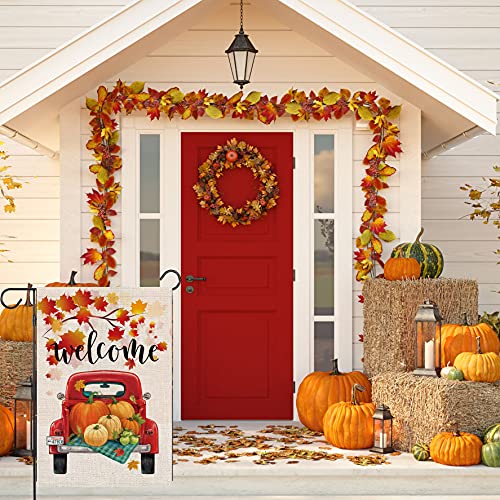 Thanksgiving Fall Welcome Garden Flags for Outside,Truck with Pumpkins Maple Leaves,Harvest Decorative Farmhouse Flag for Patch,12.5 x 18 Inch Double Sided,Small Thanksgiving Yard Flags for Autumn Outdoor Decor