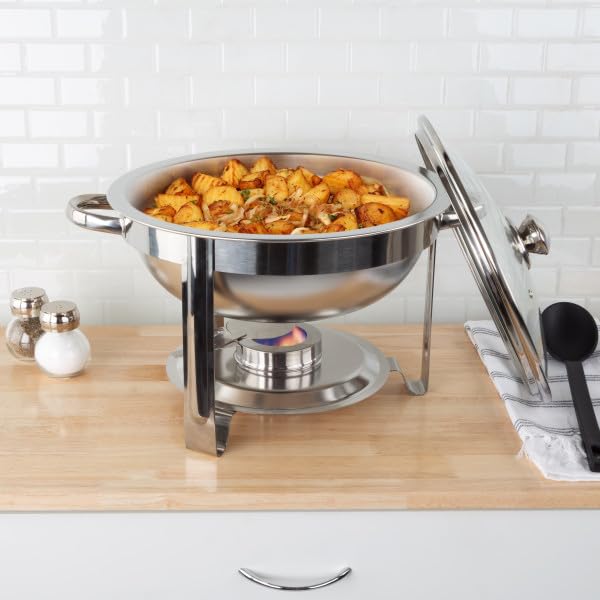 Round 5 QT Chafing Dish Buffet Set - Includes Water Pan, Food Pan, Fuel Holder, Cover, and Stand - Food Warmers for Parties by Great Northern Popcorn
