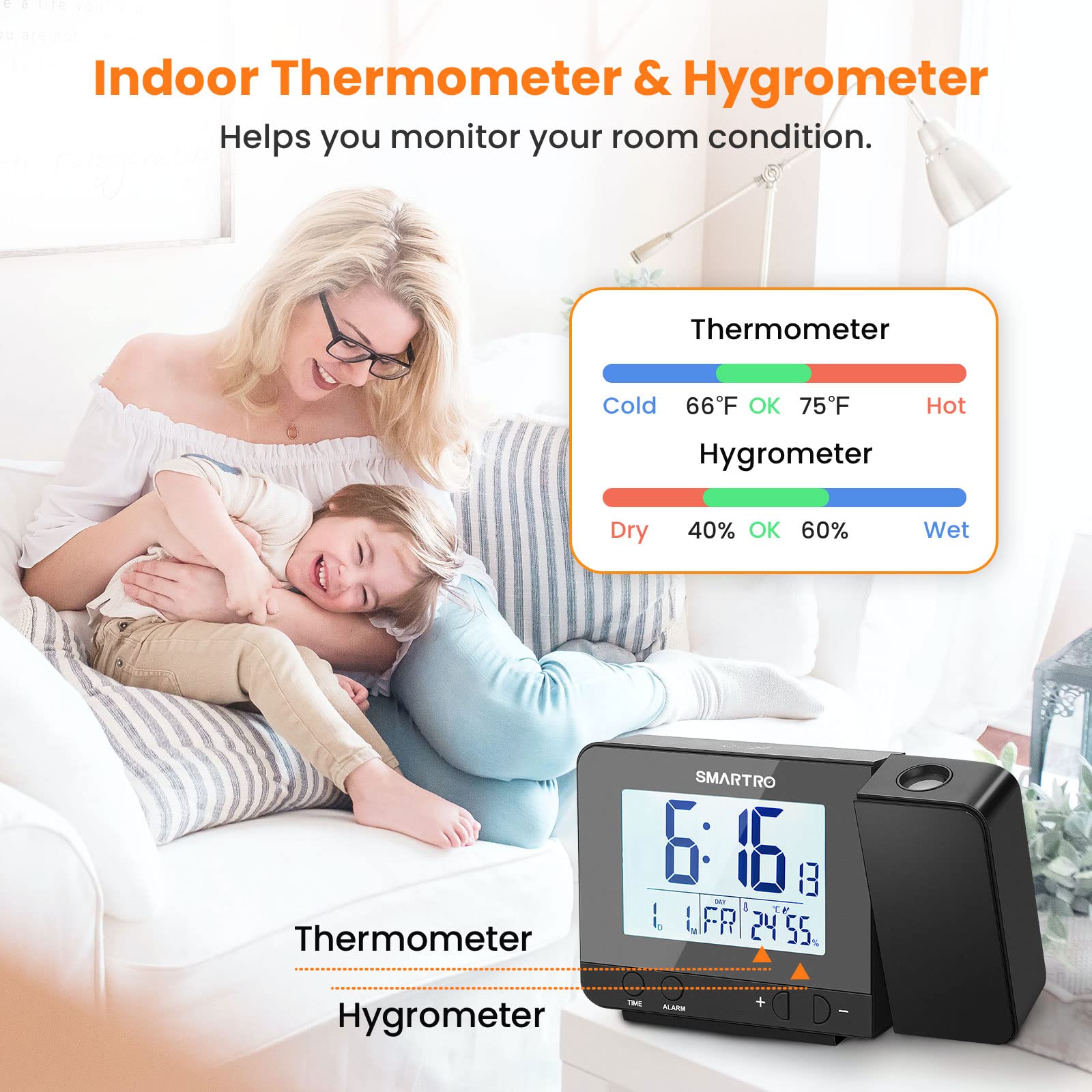 SMARTRO Digital Projection Alarm Clock for Bedrooms with Indoor Thermometer Hygrometer, USB Charger, Bedside Projector, Travel, AC and Battery Operated