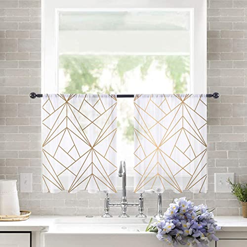 Singingin Chiffon Backdrop Curtain, Gold Yellow Line Geometric Patterned Soft Lightweight Window Drapes Rod Pocket Curtains for Bedroom Living Room Home Office Decor 52 x 45 Inch, 2 Panels