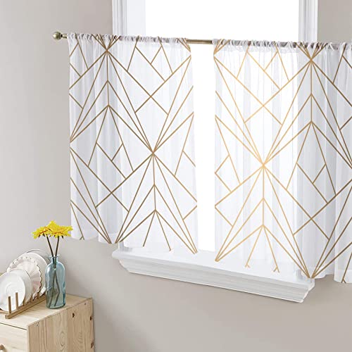 Singingin Chiffon Backdrop Curtain, Gold Yellow Line Geometric Patterned Soft Lightweight Window Drapes Rod Pocket Curtains for Bedroom Living Room Home Office Decor 52 x 45 Inch, 2 Panels