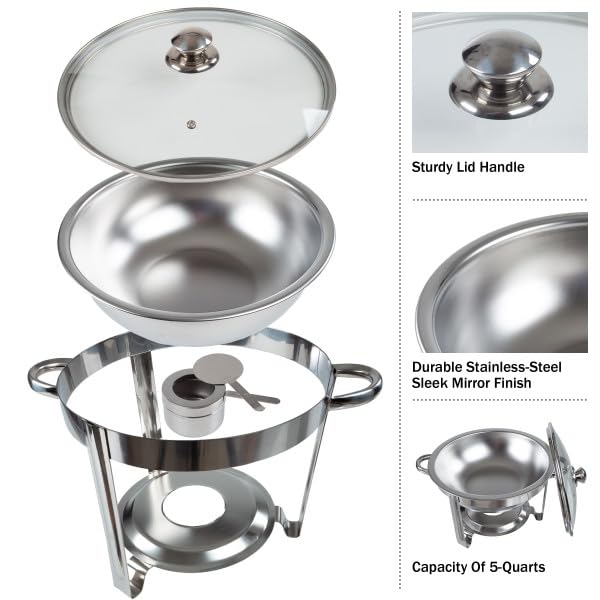 Round 5 QT Chafing Dish Buffet Set - Includes Water Pan, Food Pan, Fuel Holder, Cover, and Stand - Food Warmers for Parties by Great Northern Popcorn