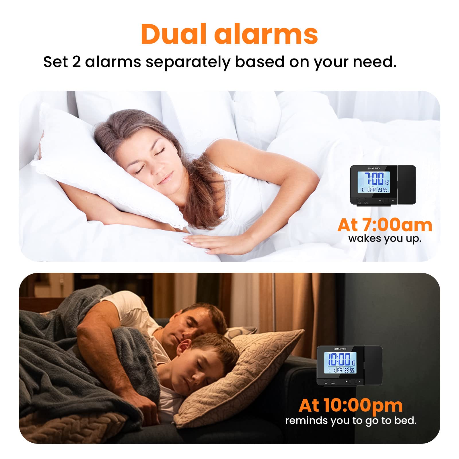 SMARTRO Digital Projection Alarm Clock for Bedrooms with Indoor Thermometer Hygrometer, USB Charger, Bedside Projector, Travel, AC and Battery Operated