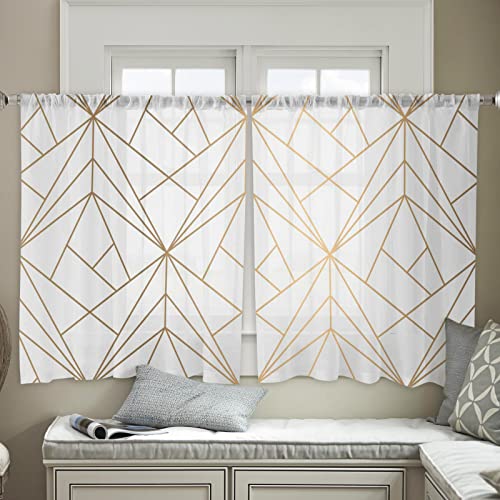 Singingin Chiffon Backdrop Curtain, Gold Yellow Line Geometric Patterned Soft Lightweight Window Drapes Rod Pocket Curtains for Bedroom Living Room Home Office Decor 52 x 45 Inch, 2 Panels