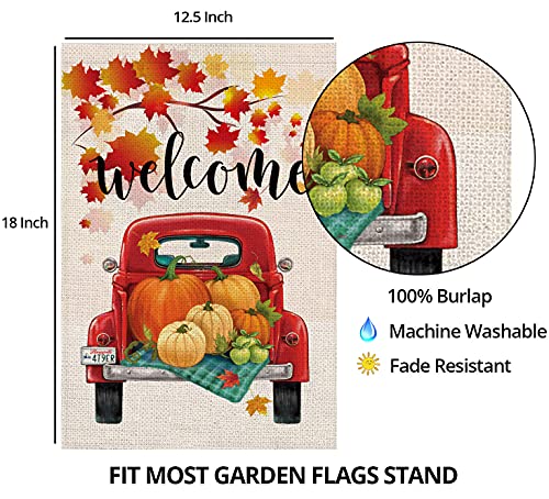 Thanksgiving Fall Welcome Garden Flags for Outside,Truck with Pumpkins Maple Leaves,Harvest Decorative Farmhouse Flag for Patch,12.5 x 18 Inch Double Sided,Small Thanksgiving Yard Flags for Autumn Outdoor Decor