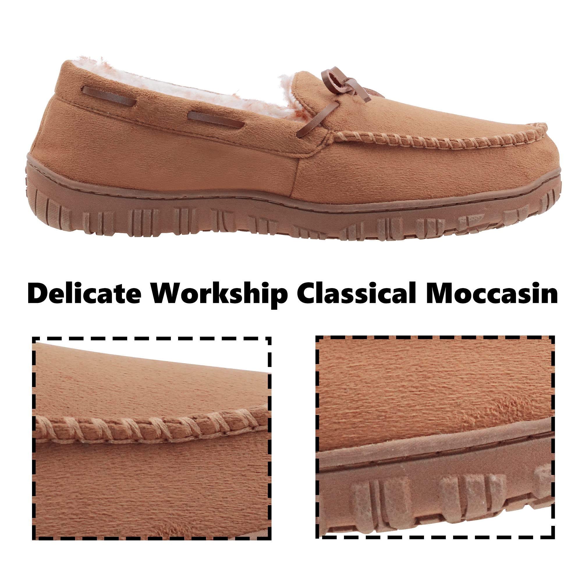 VLLy Mens Slippers Moccasins for Men Plush Lined Cozy House Bedroom Slippers Comfortable Slip on Flat Shoes with Memory Foam for Indoor Outdoor Use Brown Size 10 US