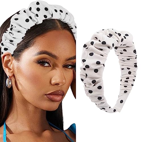 Roncidy Boho Wide Headband Polka Dot Printed Hair Bands Scrunch Hair Hoop Headbands with Hair Scrunchies Elastic Ruched Hairband for Women and Girls,1 Set (White)