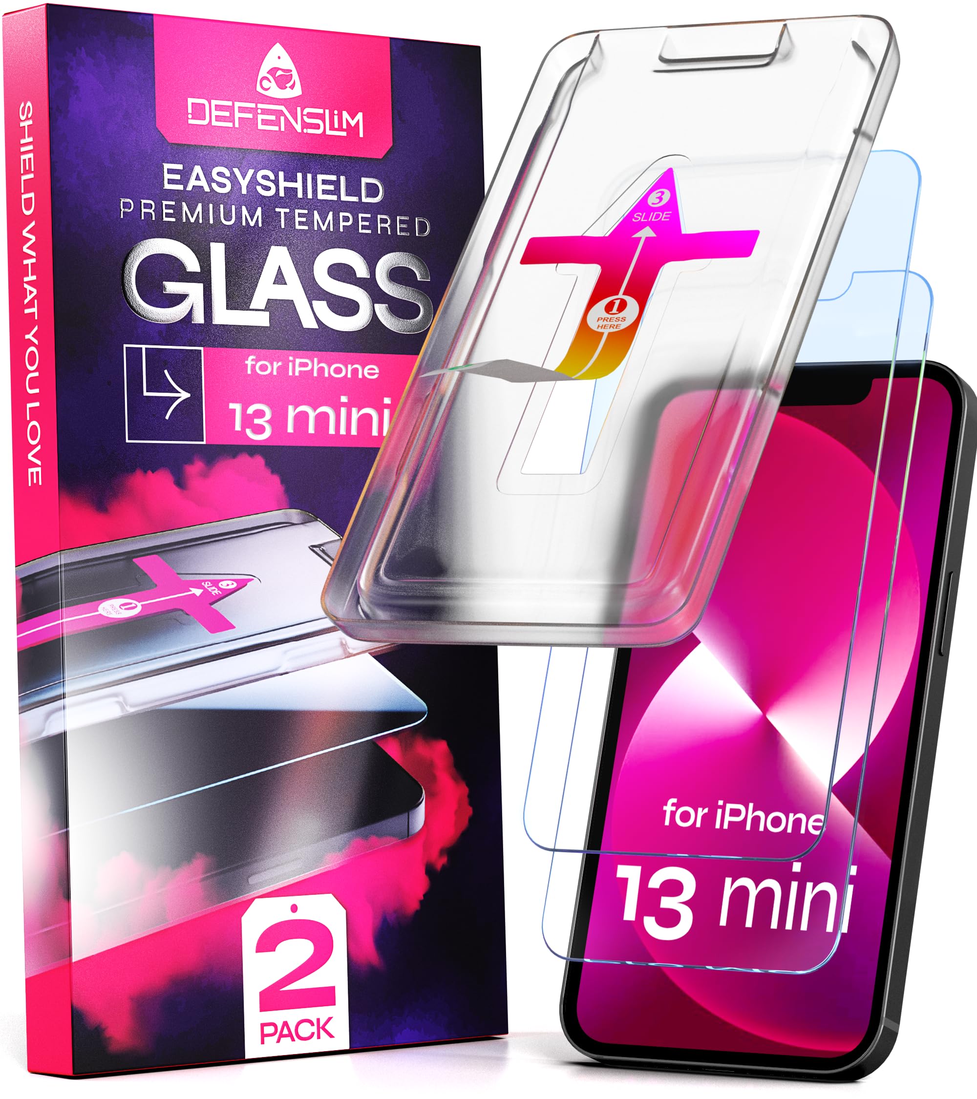 Defenslim Screen Protector compatible with iPhone 13 mini (2Pack), Easy Auto-Align Install Kit, 5.4" Tempered Glass, 9H Hardness, Ultra HD Clear, Case Friendly, EasyShield