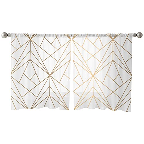 Singingin Chiffon Backdrop Curtain, Gold Yellow Line Geometric Patterned Soft Lightweight Window Drapes Rod Pocket Curtains for Bedroom Living Room Home Office Decor 52 x 45 Inch, 2 Panels