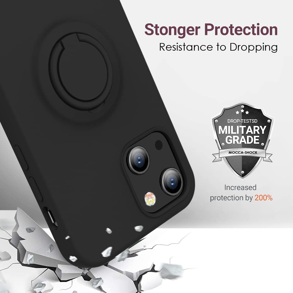 MOCCA Compatible with iPhone 13 Mini Case with Ring Kickstand |Liquid Silicone| Microfiber Linner | Anti-Scratch Full-Body Shockproof Protective Case for iPhone 13 Mini 5.4inch-Black