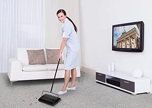 Alpine Industries Triple Brush Floor & Carpet Sweeper – Heavy Duty & Non Electric Multi-Surface Cleaner - Easy Manual Sweeping for Carpeted Floors - Black