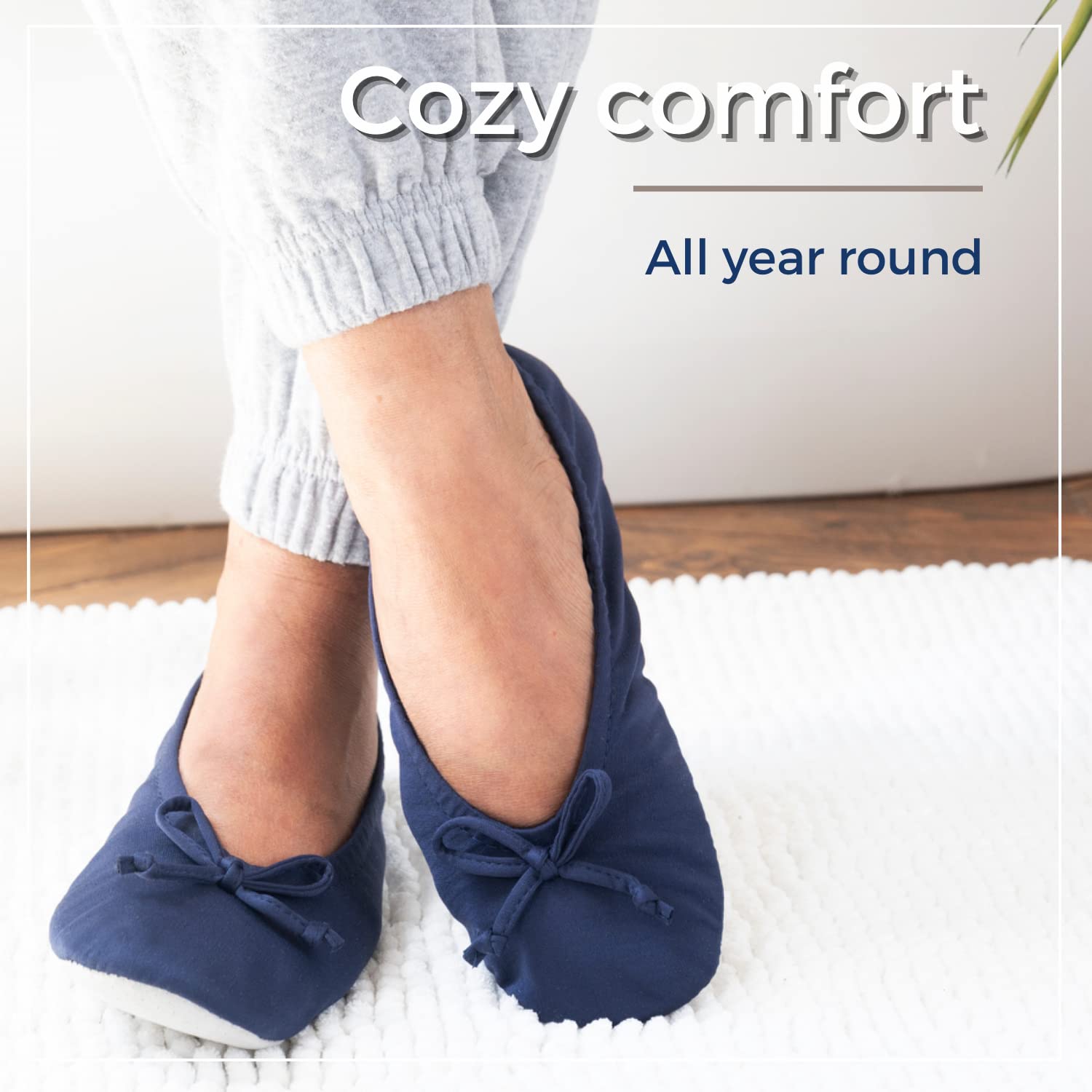 isotoner Women's Satin Ballerina Slippers with Soft Tie Bow and Suede Sole Ballet Flat, Navy Blue, 9.5-10.5