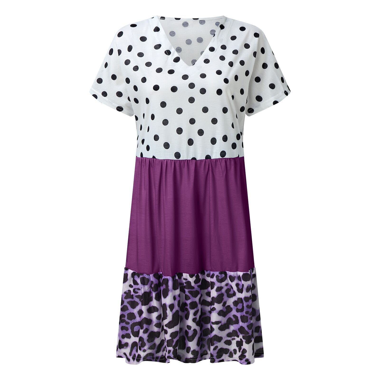 Cnebo Midi Dresses for Women Wedding Guest Summer Polka Dot Printed Panel Contrast Women's V Neck Short Sleeved Dress