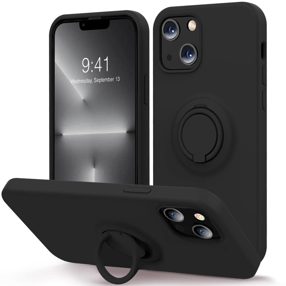 MOCCA Compatible with iPhone 13 Mini Case with Ring Kickstand |Liquid Silicone| Microfiber Linner | Anti-Scratch Full-Body Shockproof Protective Case for iPhone 13 Mini 5.4inch-Black