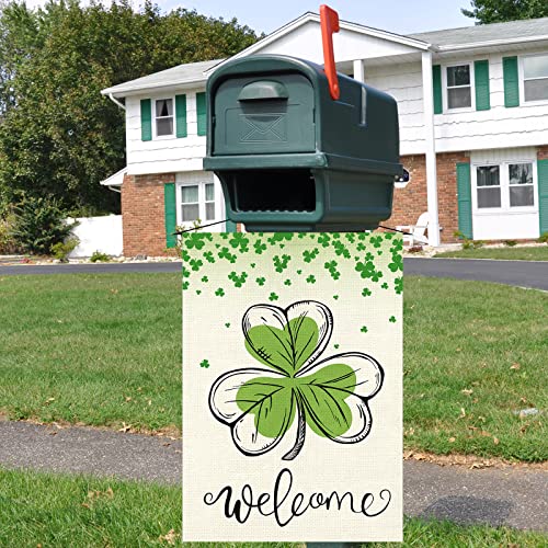 Heyfibro Welcome St. Patrick's Day Garden Flag Vertical Double Sided Green Shamrock Garden Flag St Patrick's Day Irish Small Mini Burlap 12x18 Inch Flags for Outside Decoration(ONLY FLAG)