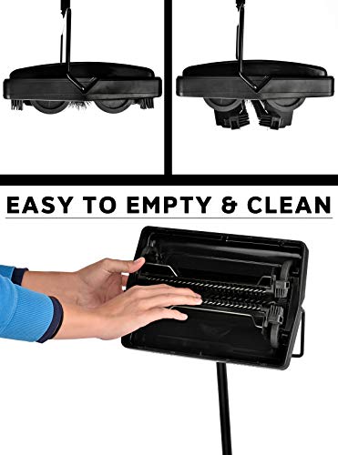 Alpine Industries Triple Brush Floor & Carpet Sweeper – Heavy Duty & Non Electric Multi-Surface Cleaner - Easy Manual Sweeping for Carpeted Floors - Black