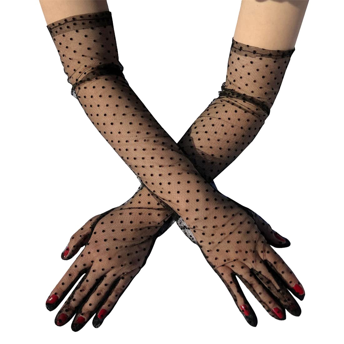 Mrotrida Women's Tulle Polka Dot Long Opera Party Wedding Bridal Gloves - Black