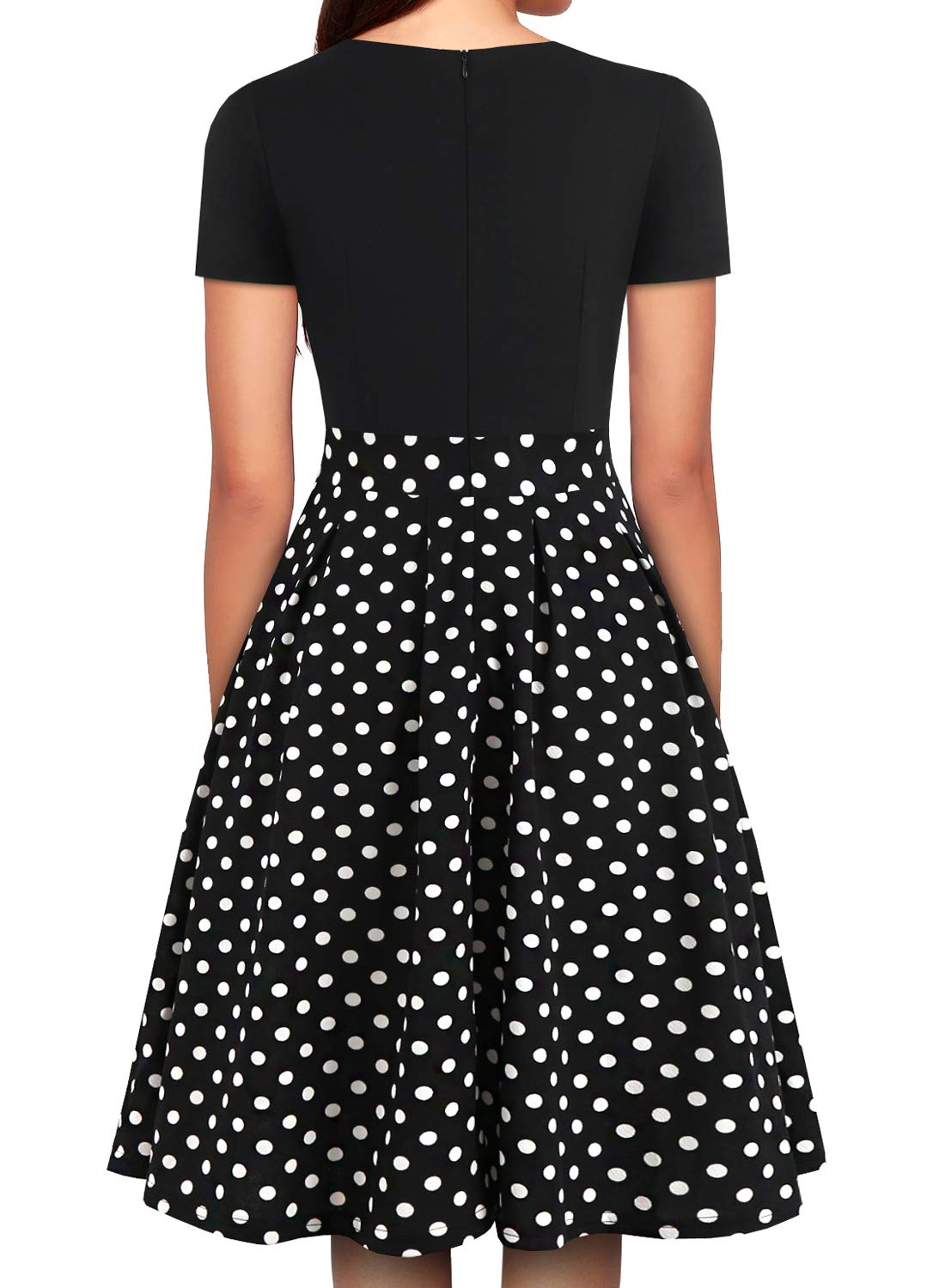 YATHON Women's Vintage Fit and Flare Cocktail Dresses Retro Black White Polka Dot Print Summer Aline Casual Work Swing Dress with Pockets (L, YT018-Black Dot)