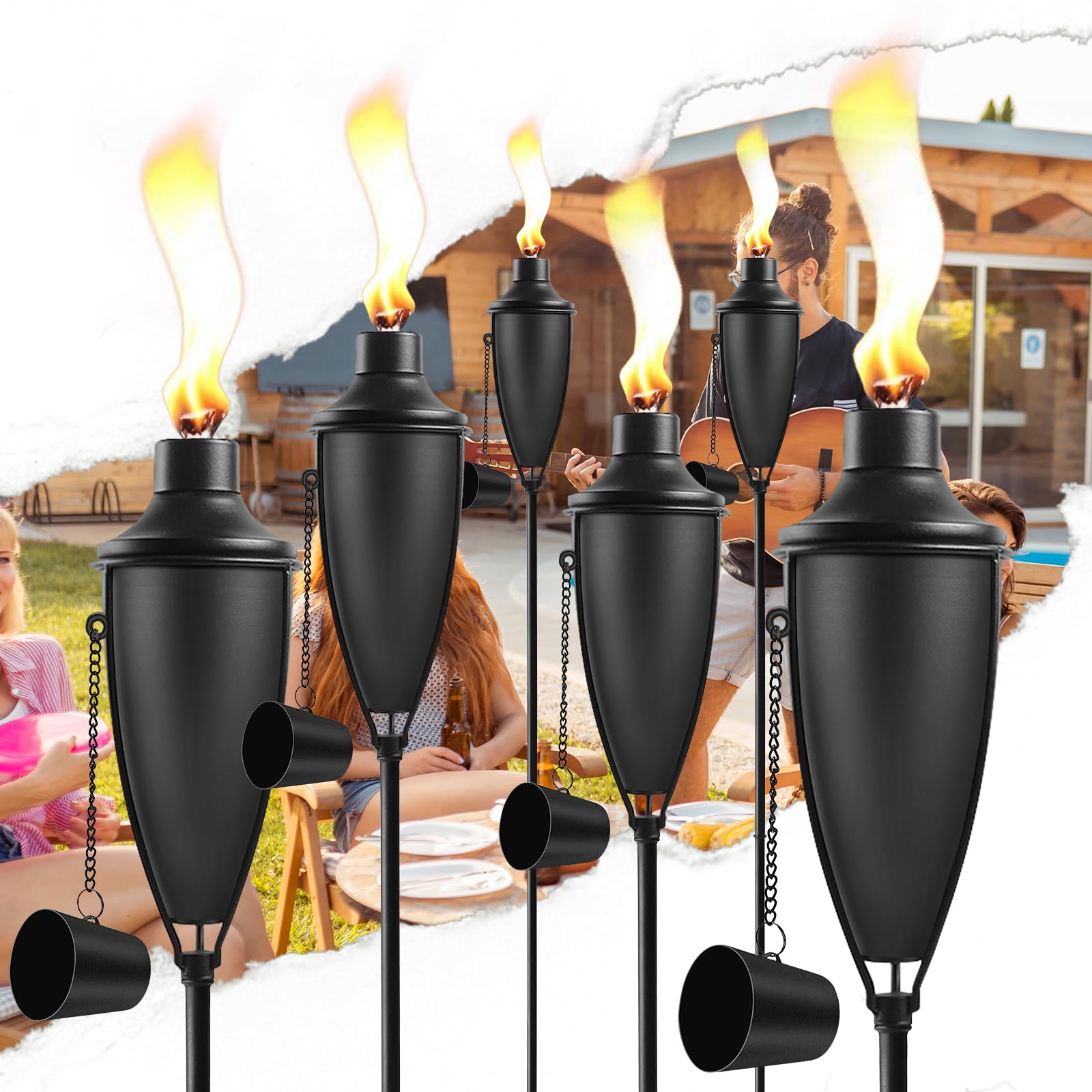 ZSPENG Home Garden Torch Set of 6, Large Capacity 22oz Outdoor Metal Torch Garden DĂŠcor,61-Inch Upgraded Citronella Torches with 3-Prong Grounded Stake, Table Top Torches for Party Patio Pathway