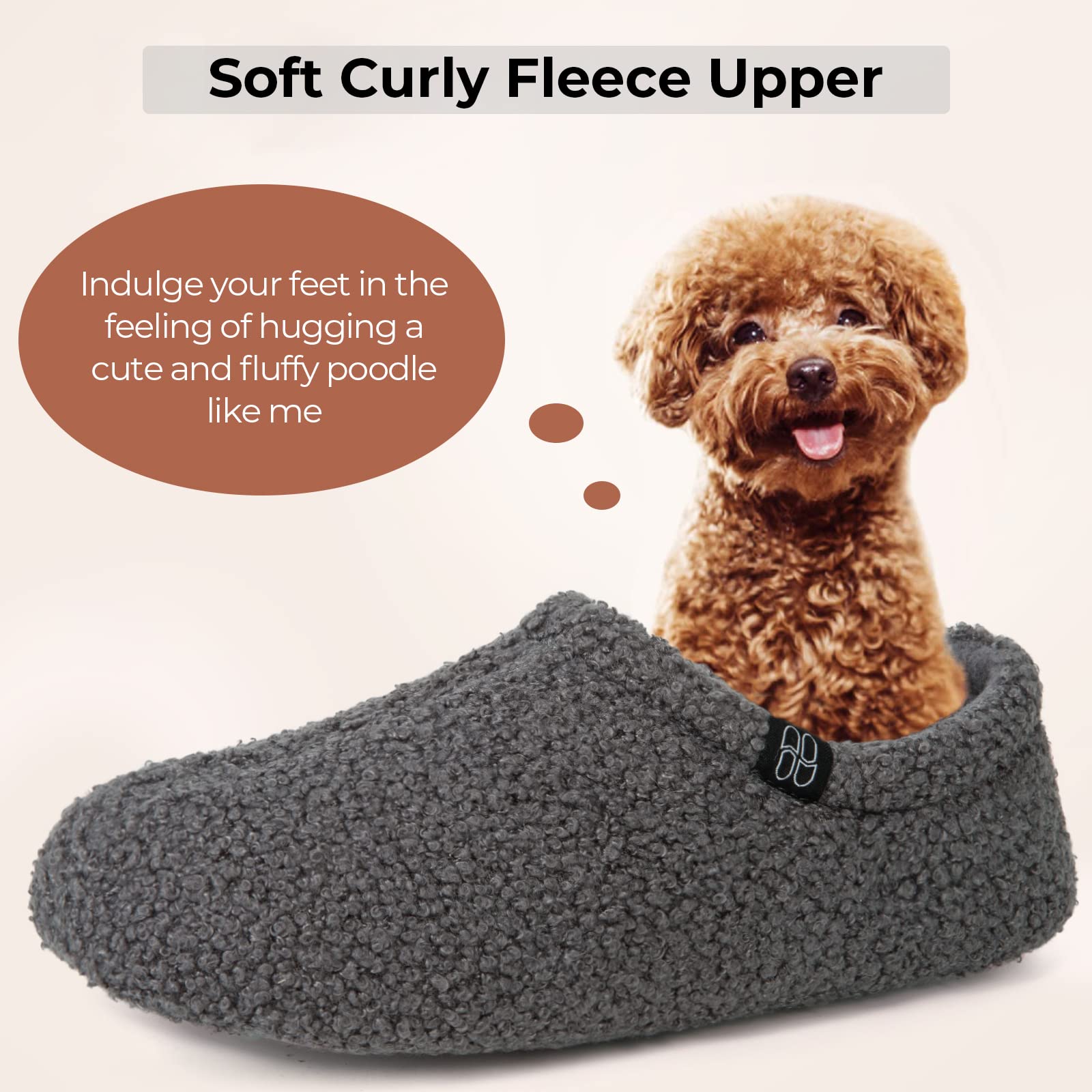 HomeTop Women's Fuzzy Curly Fur Memory Foam Loafer Slippers Bedroom House Shoes with Polar Fleece Lining (7-8 US,Dark Grey)