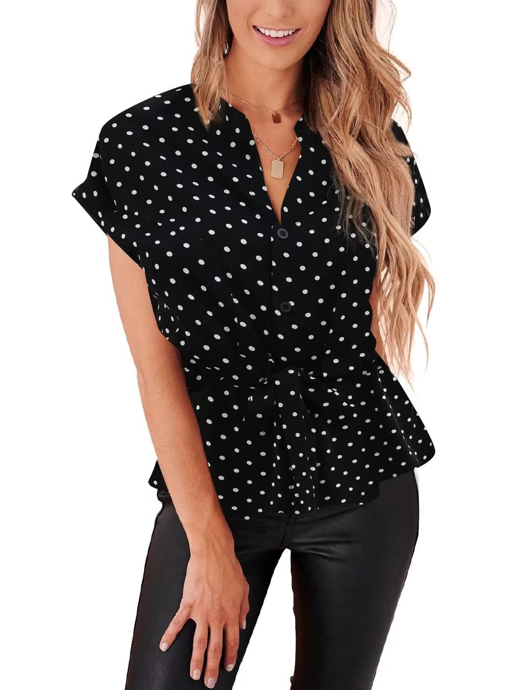 Womens Button Down Blouses Casual Peplum Summer Tops Dressy Chiffon Work Blouse Polka Dot Black Large