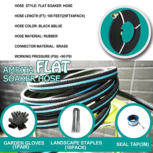 AMRITA Flat Soaker Hose Kit 100FT (25FT Pack of 4) with Brass ends , , Heavy Duty Rubber Garden Hose, Saves 70% Water for Lawn, Garden Beds. (25ft x 4 Pack)