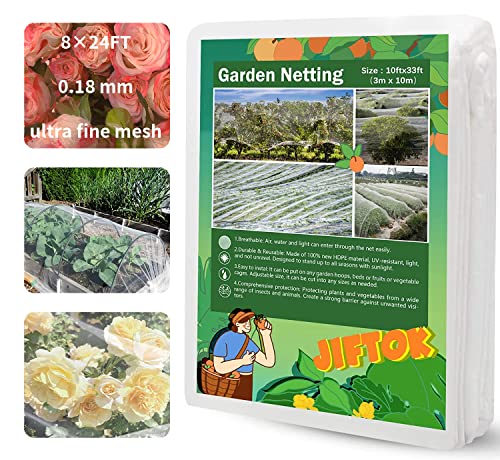 JIFTOK Ultra Fine Garden Mesh Netting, 8Ă24FT Plant Covers Insect Bird Protection Netting for Vegetable Fruits Flowers Crops Greenhouse Row Cover Raised Garden Bed Cover Screen Netting