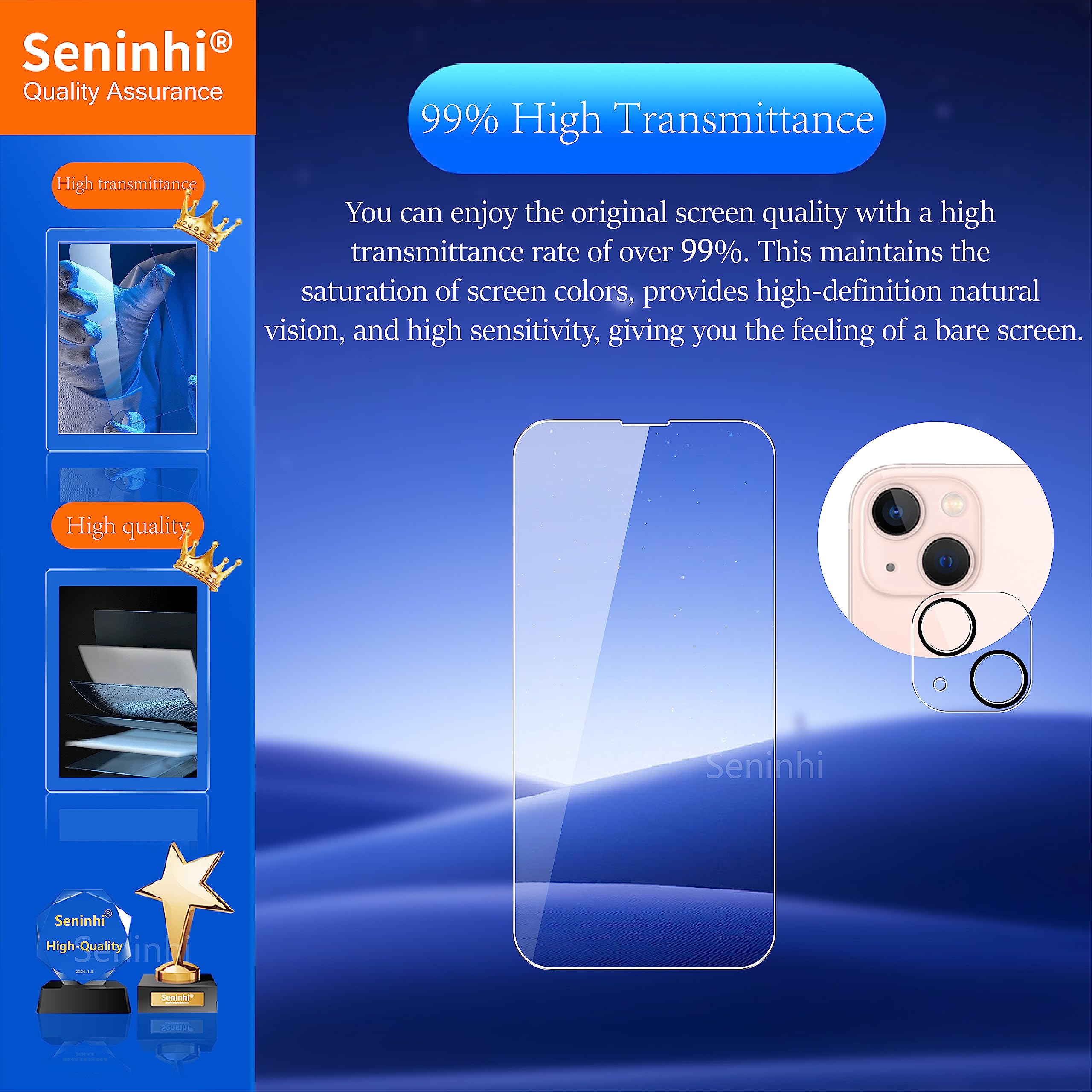 seninhi [3+3Pack] for iphone 13 mini 5.4inch Screen Protector 3Pack + Camera Lens Protector 3Pack, Tempered Glass Screen Protector [With Easy Installation Frame] [9H Hardness] [Anti-Scratch] [Bubble