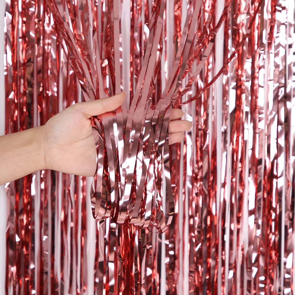 WODCM 3.3 x 6.6 ft Red Feet Rose Gold Foil Fringe Backdrop Curtains Tinsel Streamers Birthday Party Decorations Festival Party Streamers for Graduation Baby Shower Gender Reveal Disco Party