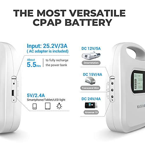 MAXOAK CPAP Battery Backup CPAP Power Bank Compatible with Airsense 10/Airsense 11/Airmini/Aircurve 10/S9/Dreamstation/System one Z1 Mini Travel Camping Emergency Power DC12/15/24V&USB5V