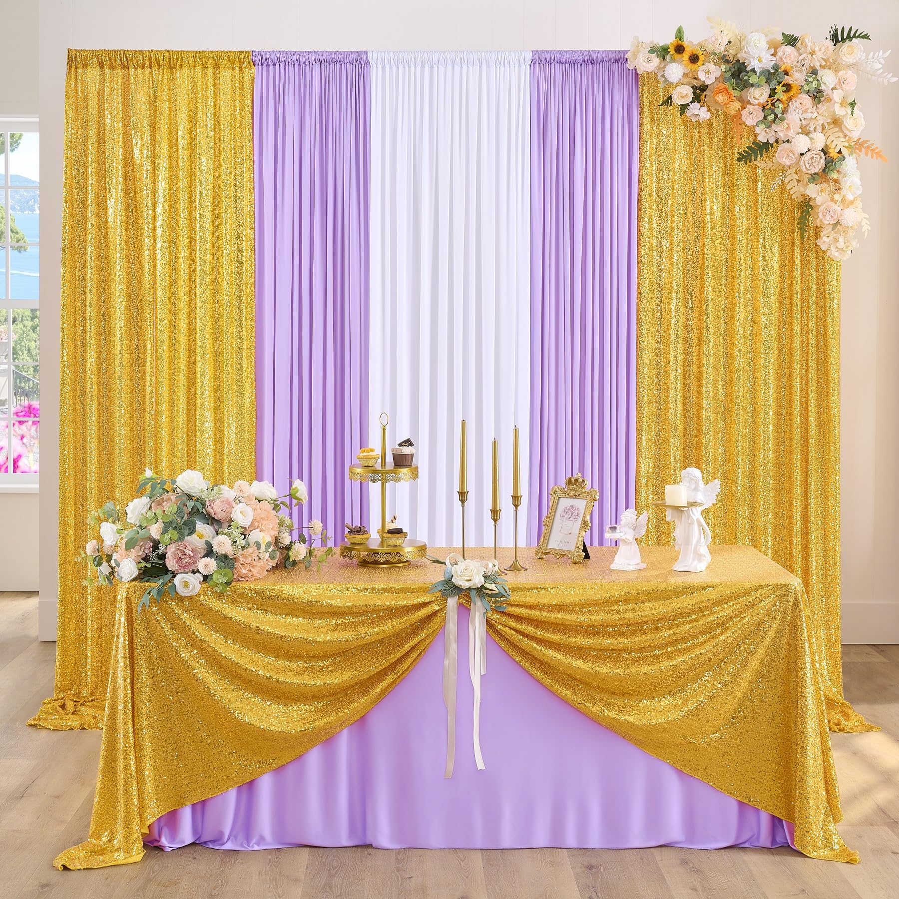 Outpain 16FT x 10 FT Gold Sequin Backdrop Curtain, Not See Through Gold Glitter Backdrop Drapes for Wedding Party Photography Home Decoration, 4 Panels 4FT x 10 FT
