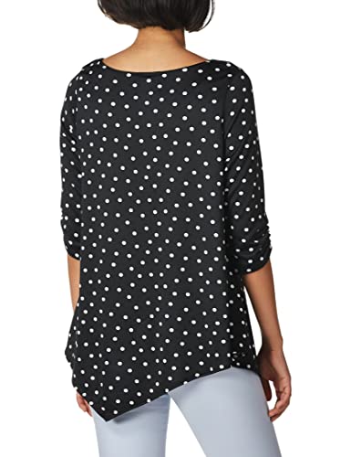Star Vixen Women's Plus-Size Hanky Hem Top, Elbow Sleeve with Cinch Detail, Black/White dot, 3X
