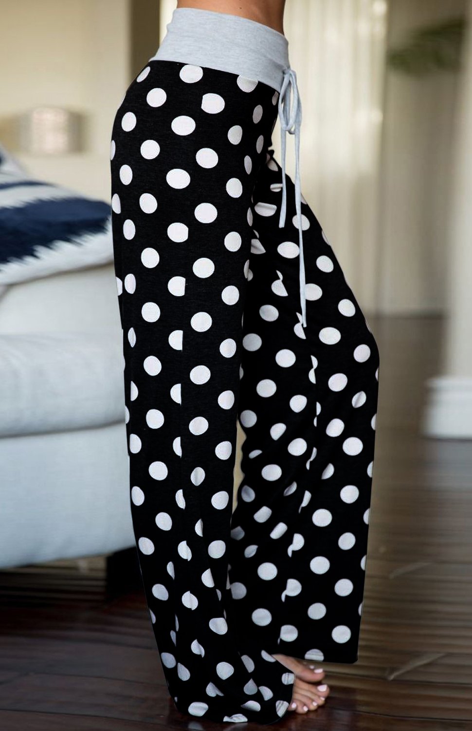 AMiERY Womens High Waisted Pants Soft Stretch Sleep Polka Dot Juniors Pants Pajamas Bottoms Wide Leg Pants Joggers Lounge Palazzo Pants Black L