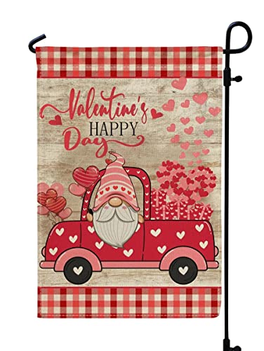 Valentines Day Gnome Truck Garden Flag 12x18 Double Sided, Red Pink Happy Valentine's Day Decor Outdoor Home Cute Sign, Day flag for outside